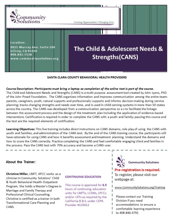 The Child & Adolescent Needs & Strengths (CANS) – Community Solutions